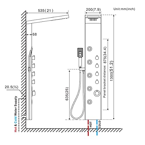 ROVATE Rainfall Waterfall Shower Tower Panel System, Stainless Steel Bathroom Shower Panel Tower with 5 Body Sprays and 3 Sets Handheld Shower, Shower Column Wall Mount, Delicate Brushed Finish