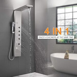 ROVATE Rainfall Waterfall Shower Tower Panel System, Stainless Steel Bathroom Shower Panel Tower with 5 Body Sprays and 3 Sets Handheld Shower, Shower Column Wall Mount, Delicate Brushed Finish