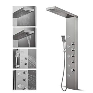 ROVATE Rainfall Waterfall Shower Tower Panel System, Stainless Steel Bathroom Shower Panel Tower with 5 Body Sprays and 3 Sets Handheld Shower, Shower Column Wall Mount, Delicate Brushed Finish