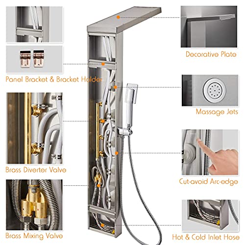 ROVATE Rainfall Waterfall Shower Tower Panel System, Stainless Steel Bathroom Shower Panel Tower with 5 Body Sprays and 3 Sets Handheld Shower, Shower Column Wall Mount, Delicate Brushed Finish