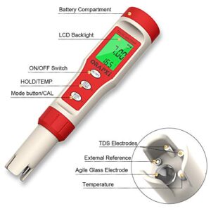 Digital PH Meter with ATC: 4 in 1 PH TDS EC Temp - ORAPXI PH Tester High Accuracy Pocket Size PH Measurement for Pool, Lab, Aquarium, Pond, Beer Brewing