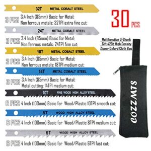 30PCS U-Shank Jig Saw Blade Set for Wood Plastic Metal Cutting Compatible with Bosch DEWALT SKIL Black and Decker Jigsaw Blades U Shank Includes 6T 8T 10T 14T 18T 24T 32T with 420D Zipper Bag