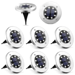 solpex solar ground lights, 8 led solar powered disk lights outdoor waterproof garden landscape lighting for yard deck lawn patio pathway walkway (8 pack, white)