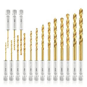 amoolo hex shank drill bit set (13pcs set+3 pcs free), premium 4341 hss titanium impact hex drill bits for wood, steel, metal, plastic, quick change design (1/16-1/4)