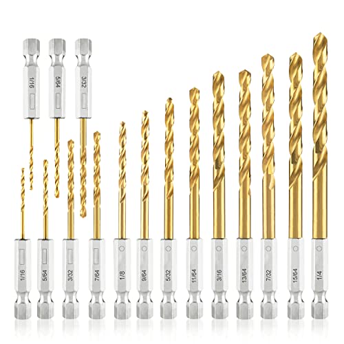 amoolo Hex Shank Drill Bit Set (13Pcs Set+3 Pcs Free), Premium 4341 HSS Titanium Impact Hex Drill Bits for Wood, Steel, Metal, Plastic, Quick Change Design (1/16-1/4)