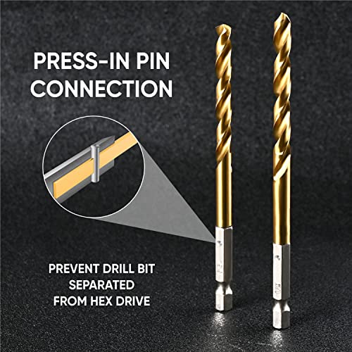 amoolo Hex Shank Drill Bit Set (13Pcs Set+3 Pcs Free), Premium 4341 HSS Titanium Impact Hex Drill Bits for Wood, Steel, Metal, Plastic, Quick Change Design (1/16-1/4)