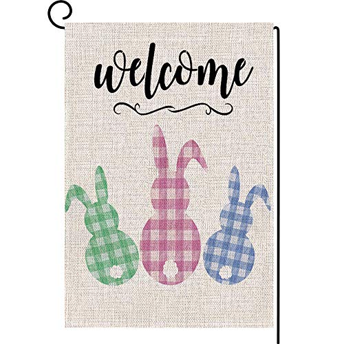 Welcome Easter Garden Flag Double Sided Easter Bunny Vertical Burlap House Flags, Spring Rustic Farmhouse Yard Outdoor Decoration 12.5 x 18 Inch