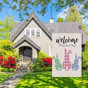 Welcome Easter Garden Flag Double Sided Easter Bunny Vertical Burlap House Flags, Spring Rustic Farmhouse Yard Outdoor Decoration 12.5 x 18 Inch