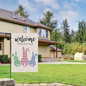 Welcome Easter Garden Flag Double Sided Easter Bunny Vertical Burlap House Flags, Spring Rustic Farmhouse Yard Outdoor Decoration 12.5 x 18 Inch