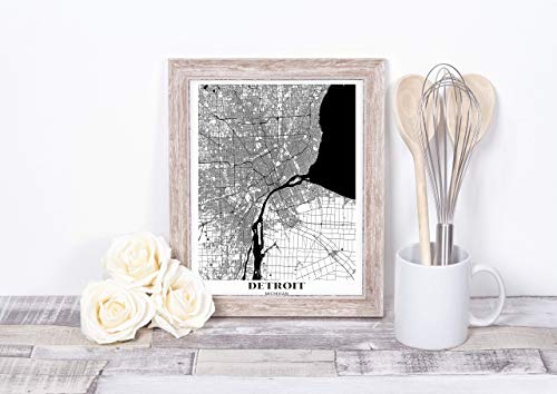 Detroit City Map Wall Art - 11x14" UNFRAMED Print - Modern, Minimal, Black And White Detroit, MI Wall Decor - Detroit Gifts For Women And Men, Souvenirs, Poster