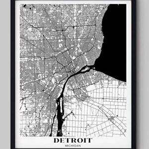 Detroit City Map Wall Art - 11x14" UNFRAMED Print - Modern, Minimal, Black And White Detroit, MI Wall Decor - Detroit Gifts For Women And Men, Souvenirs, Poster