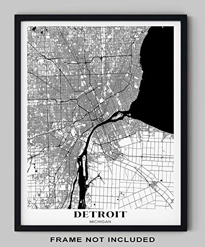 Detroit City Map Wall Art - 11x14" UNFRAMED Print - Modern, Minimal, Black And White Detroit, MI Wall Decor - Detroit Gifts For Women And Men, Souvenirs, Poster