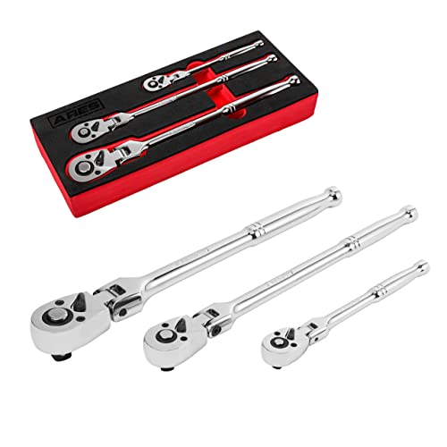 ARES 42028-3-Piece 72-Tooth Flex Head Ratchet Set - Premium Chrome Vanadium Steel Construction & Chrome Plated Finish - 72-Tooth Quick Release Reversible Design with 5 Degree Swing