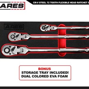 ARES 42028-3-Piece 72-Tooth Flex Head Ratchet Set - Premium Chrome Vanadium Steel Construction & Chrome Plated Finish - 72-Tooth Quick Release Reversible Design with 5 Degree Swing