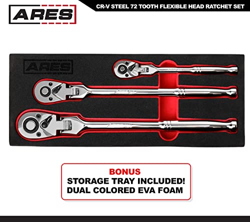 ARES 42028-3-Piece 72-Tooth Flex Head Ratchet Set - Premium Chrome Vanadium Steel Construction & Chrome Plated Finish - 72-Tooth Quick Release Reversible Design with 5 Degree Swing