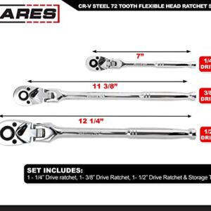 ARES 42028-3-Piece 72-Tooth Flex Head Ratchet Set - Premium Chrome Vanadium Steel Construction & Chrome Plated Finish - 72-Tooth Quick Release Reversible Design with 5 Degree Swing