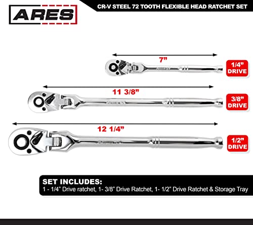 ARES 42028-3-Piece 72-Tooth Flex Head Ratchet Set - Premium Chrome Vanadium Steel Construction & Chrome Plated Finish - 72-Tooth Quick Release Reversible Design with 5 Degree Swing