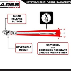 ARES 42028-3-Piece 72-Tooth Flex Head Ratchet Set - Premium Chrome Vanadium Steel Construction & Chrome Plated Finish - 72-Tooth Quick Release Reversible Design with 5 Degree Swing