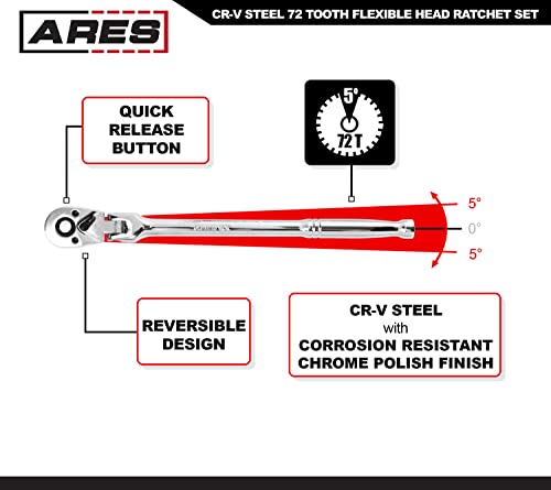 ARES 42028-3-Piece 72-Tooth Flex Head Ratchet Set - Premium Chrome Vanadium Steel Construction & Chrome Plated Finish - 72-Tooth Quick Release Reversible Design with 5 Degree Swing