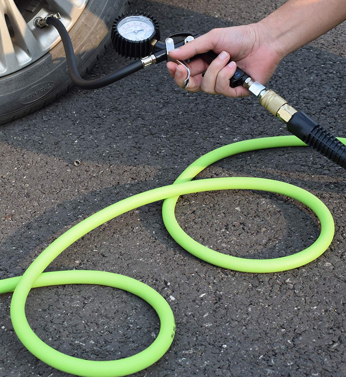 YOTOO Hybrid Air Hose 3/8-Inch by 100-Feet 300 PSI Heavy Duty, Lightweight, Kink Resistant, All-Weather Flexibility with 1/4-Inch Industrial Air Fittings and Bend Restrictors. Green+Blue