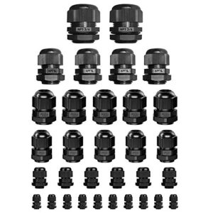 ispinner 32pcs nylon cable gland waterproof ip68 adjustable 3-18mm, npt 3/4, npt 1/2, pg13.5, pg11, pg9, pg7 (black)