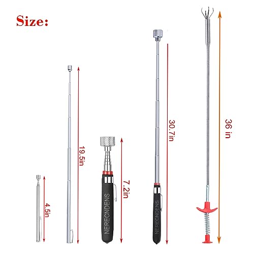 3 Pack Pick-up Tool Set - Extendable Magnetic Pick Up Tools and Flexible Grabber Claw - Retrieving Telescoping Magnet Pickup Tools - Flexible Extra Long Reach Bendable Curve Grabber with 4 Claws