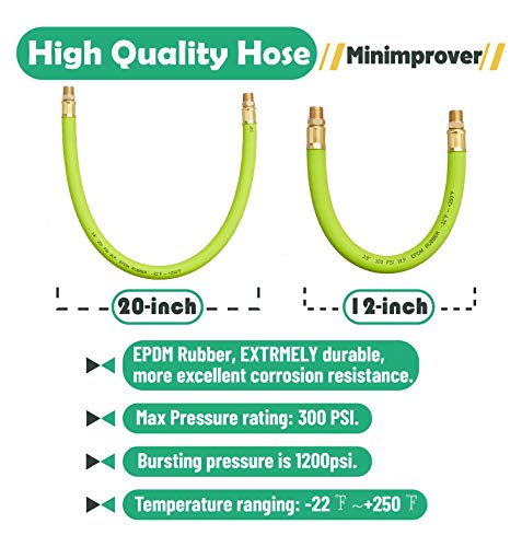 Minimprover 3/8" x 12 Inch Heavy Duty Short Air Compressor EPDM Rubber Hose 300 PSI: 1/4" Male NPT to 1/4" Male NPT Connections With Quick Coupler Brass Fitting