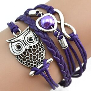 ZODRQ Women Mens Bracelet,Infinity Owl Pearl Friendship Multilayer Charm Leather Bracelets Gift(Purple)