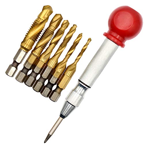 Riyiter 7 Pcs 1/4 Inch Metric Thread Tap M3-M10 HSS Spiral Hex Shank Combination Drill Screw Tap Bit Set with Automatic Spring Loaded Center Punch Tool