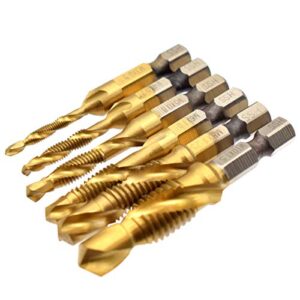 Riyiter 7 Pcs 1/4 Inch Metric Thread Tap M3-M10 HSS Spiral Hex Shank Combination Drill Screw Tap Bit Set with Automatic Spring Loaded Center Punch Tool