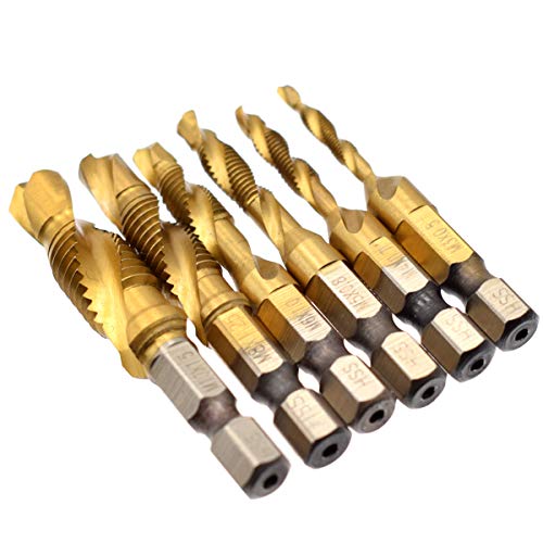 Riyiter 7 Pcs 1/4 Inch Metric Thread Tap M3-M10 HSS Spiral Hex Shank Combination Drill Screw Tap Bit Set with Automatic Spring Loaded Center Punch Tool