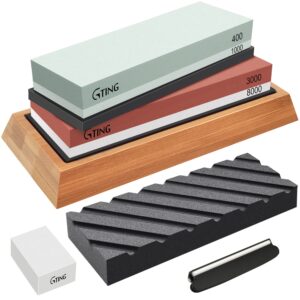 sharpening stone whetstone knife sharpener, g-ting 400/1000 and 3000/8000 grit knife sharpening kit wet stone with flattening stone, angle guide, non slip bamboo base for kitchen knives, pocket knife