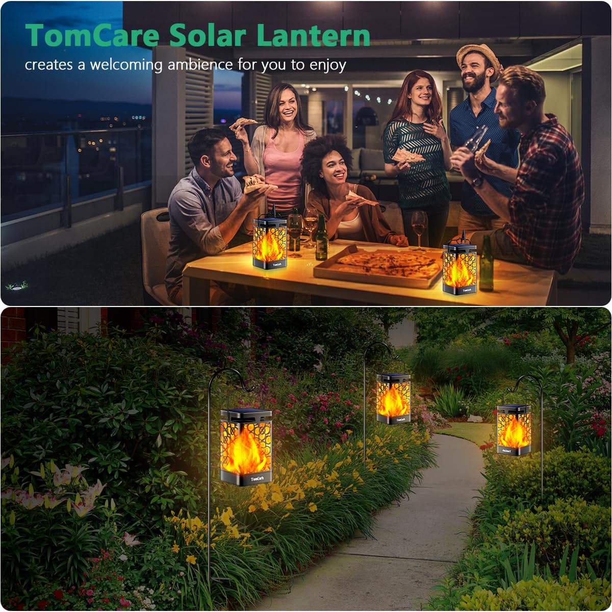 TomCare Solar Outdoor Lights Upgraded Solar Lantern Flickering Flame Outdoor Waterproof Hanging Lanterns Decorative Solar Powered Outdoor Lighting LED Christmas Lights for Patio Deck Yard, 2 Pack