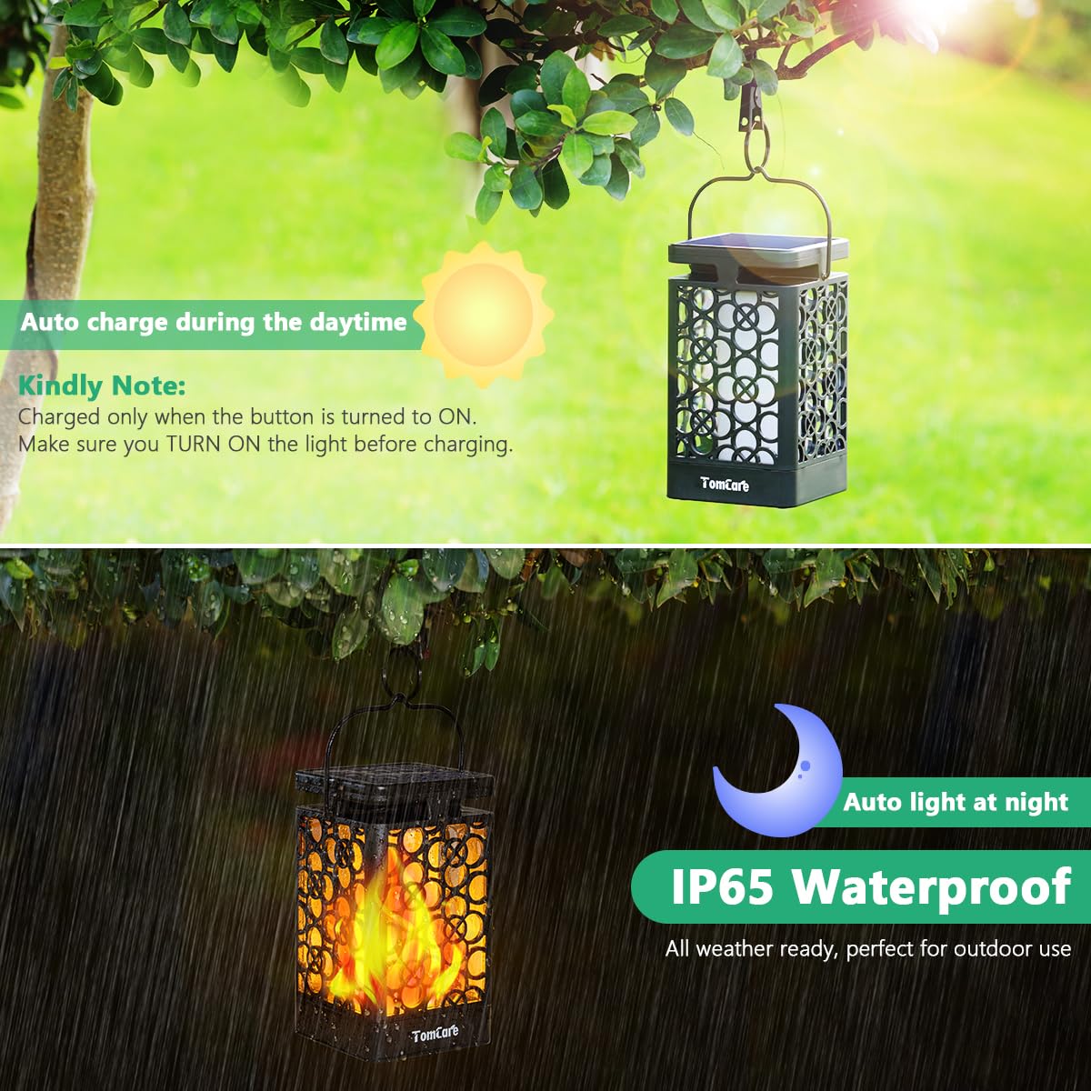 TomCare Solar Outdoor Lights Upgraded Solar Lantern Flickering Flame Outdoor Waterproof Hanging Lanterns Decorative Solar Powered Outdoor Lighting LED Christmas Lights for Patio Deck Yard, 2 Pack