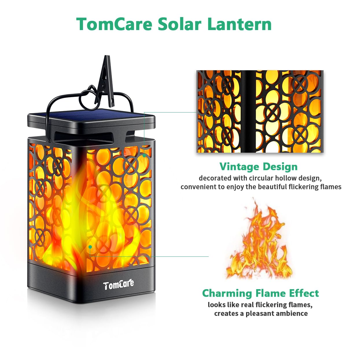 TomCare Solar Outdoor Lights Upgraded Solar Lantern Flickering Flame Outdoor Waterproof Hanging Lanterns Decorative Solar Powered Outdoor Lighting LED Christmas Lights for Patio Deck Yard, 2 Pack