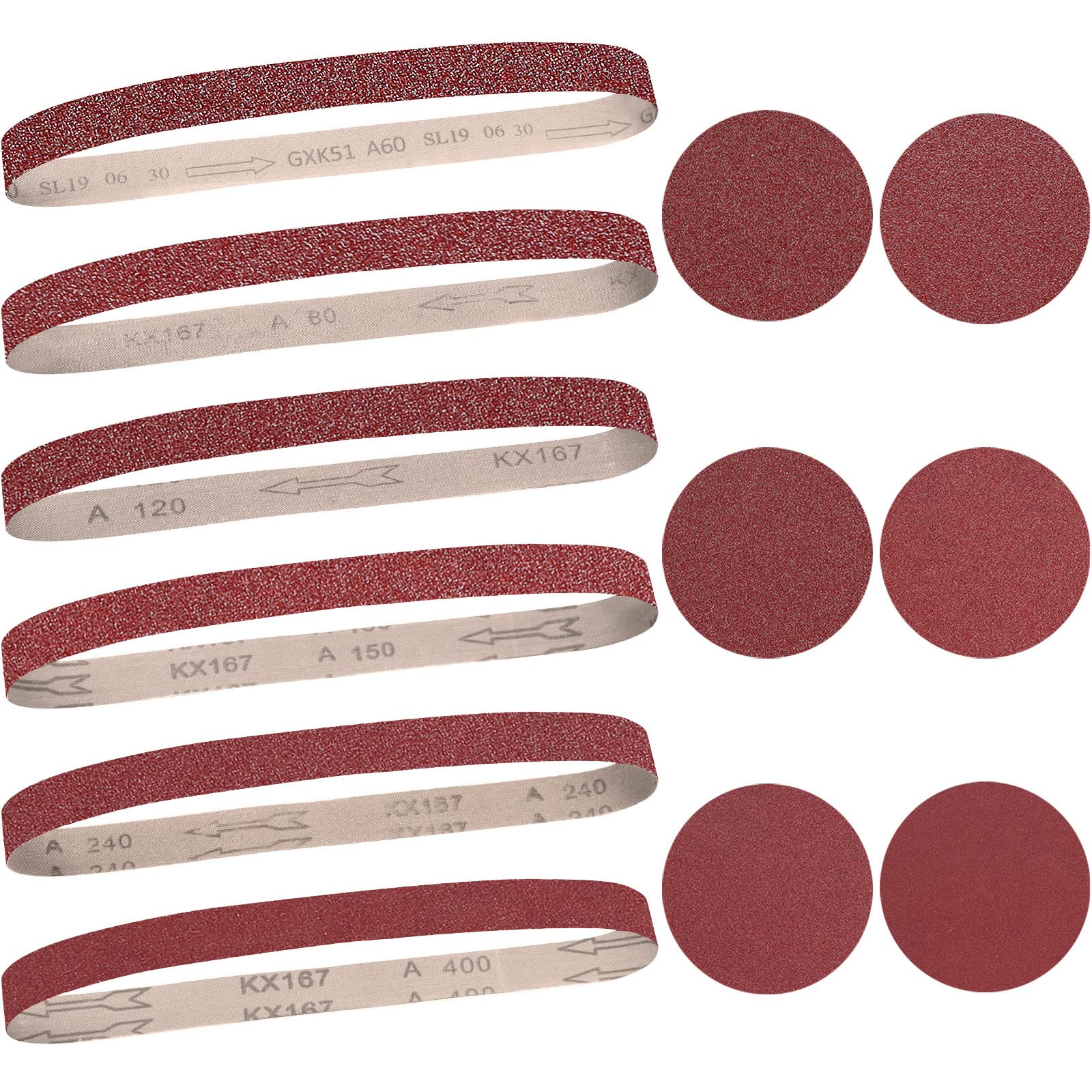 Sanding Belts Disc Grit Aluminum Oxide, 24 Pieces 1 x 30 Inch Abrasive Sanding Belt (60/80/120/150/240/400 Grits) and 24 Pieces 5 Inch Self Stick No-hole Sanding Disc (80/100/ 120/180/ 240/400 Grit