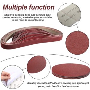 Sanding Belts Disc Grit Aluminum Oxide, 24 Pieces 1 x 30 Inch Abrasive Sanding Belt (60/80/120/150/240/400 Grits) and 24 Pieces 5 Inch Self Stick No-hole Sanding Disc (80/100/ 120/180/ 240/400 Grit