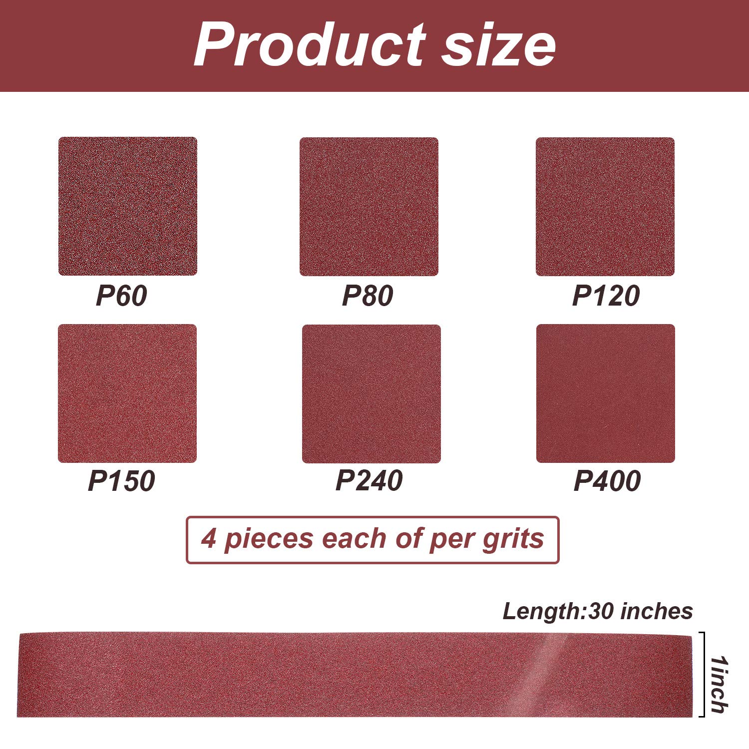 Sanding Belts Disc Grit Aluminum Oxide, 24 Pieces 1 x 30 Inch Abrasive Sanding Belt (60/80/120/150/240/400 Grits) and 24 Pieces 5 Inch Self Stick No-hole Sanding Disc (80/100/ 120/180/ 240/400 Grit