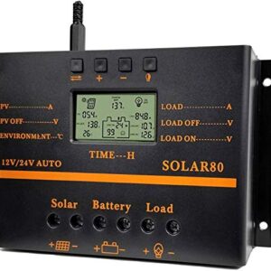 Solar Charge Controller 80A PWM 12V 24V 1920W Solar Panel Charger Discharge Regulator with 5V USB Output Multip Circuit Protection Anti-Fall Durable ABS Housing Discharge Regulator for Lighting System