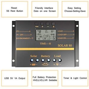 Solar Charge Controller 80A PWM 12V 24V 1920W Solar Panel Charger Discharge Regulator with 5V USB Output Multip Circuit Protection Anti-Fall Durable ABS Housing Discharge Regulator for Lighting System