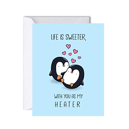 Anniversary Birthday Card for Her Him/Funny Birthday Card for Boyfriend Girlfriend/Husband Wife/Handmade Greeting Card (Life is sweeter with you as my heater - penguins)