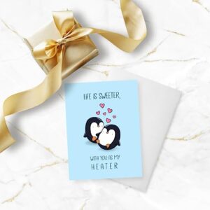 Anniversary Birthday Card for Her Him/Funny Birthday Card for Boyfriend Girlfriend/Husband Wife/Handmade Greeting Card (Life is sweeter with you as my heater - penguins)