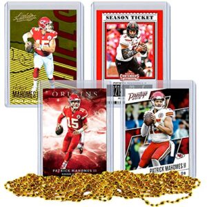 patrick mahomes football card bundle, set of 4 assorted kansas city chiefs and texas tech red raiders mint football cards gift set of mvp quarterback patrick mahomes, protected by sleeve and toploader