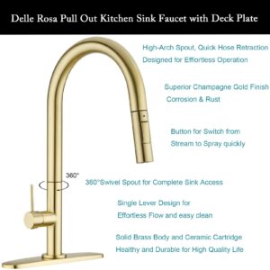 Delle Rosa Kitchen Faucet, Champagne Gold Kitchen Faucet with Pull Down Sprayer, 360 Rotate Gold Kitchen Faucet Pre-Rinse Pull Out Kitchen Faucet with Deck Plate