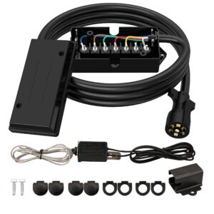 rvguard 7 way 8 foot trailer cord with 7 gang junction box kit,include 12v breakaway switch and plug holder, trailer connector cable wiring harness with waterproof junction box