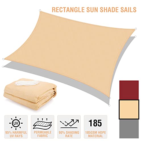 Duerer Sun Shade Sails Canopy 10' x 13' Rectangle, 95% UV Blockage, 185GSM Sail Shade Keep Cool for Patio, Garden, Pergola, Backyard, Outdoor Facility & Activities -Sand