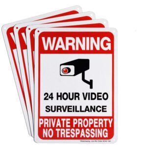 sheenwang 4-pack private property no trespassing sign, video surveillance signs outdoor, uv printed .040 mil rust free aluminum 10 x 7 in, security camera sign for home, business, driveway alert, cctv