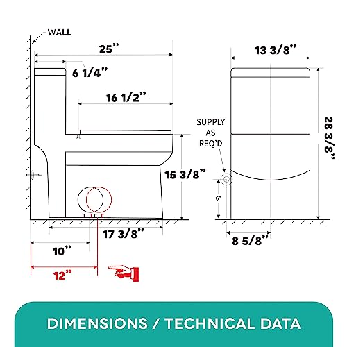 Fine Fixtures Dual-Flush One-Piece Toilet With High-Efficiency Flush, 10" Rough-in, Round Seat - Small, Space Saver Design.