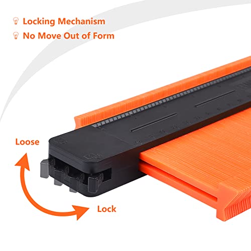 𝗖𝗼𝗻𝘁𝗼𝘂𝗿 𝗚𝗮𝘂𝗴𝗲 Profile Tool, GOXAWEE Irregular Shape Duplicator 5''& 10''-Tightness Adjustable-Outline Measuring Plastic Ruler for Corners,Wood Templates, Tiles and Laminate (Orange)