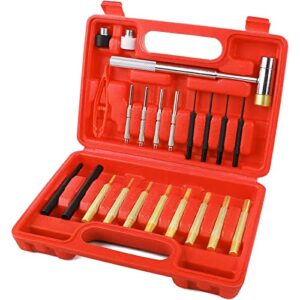 sedy 18-pieces roll pin punch set, roll pin starter punch, brass, steel, plastic punches & brass/polymer hammer. red storage carring case provided